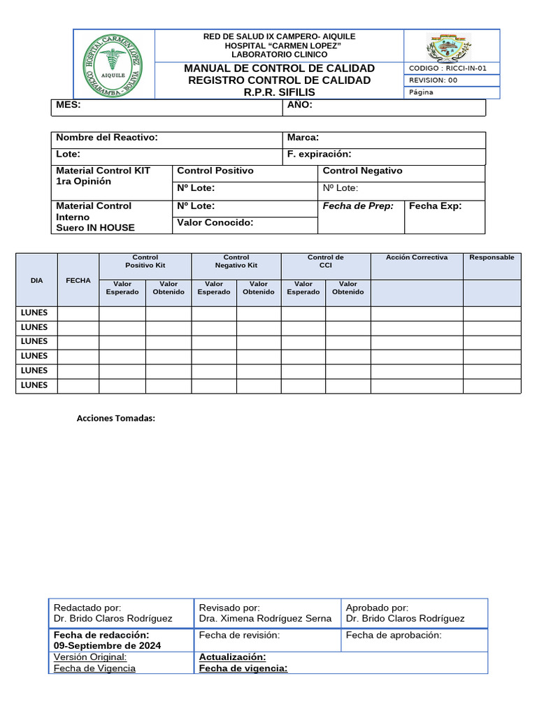 Registro de Control de Calidad R.P.R. Sifilis | PDF
