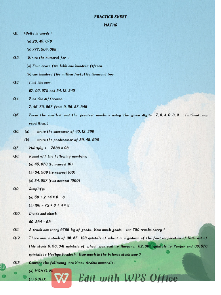 Practice Sheet Class 5 - 3 | PDF