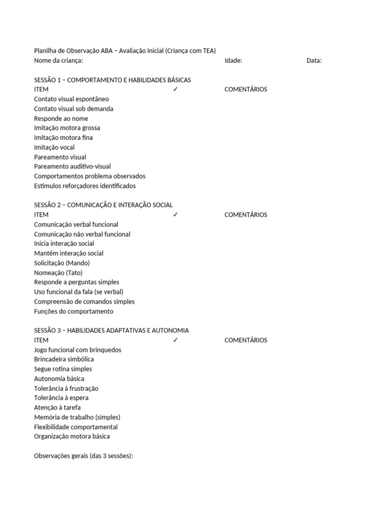 Checklist Avaliacao ABA TEA | PDF