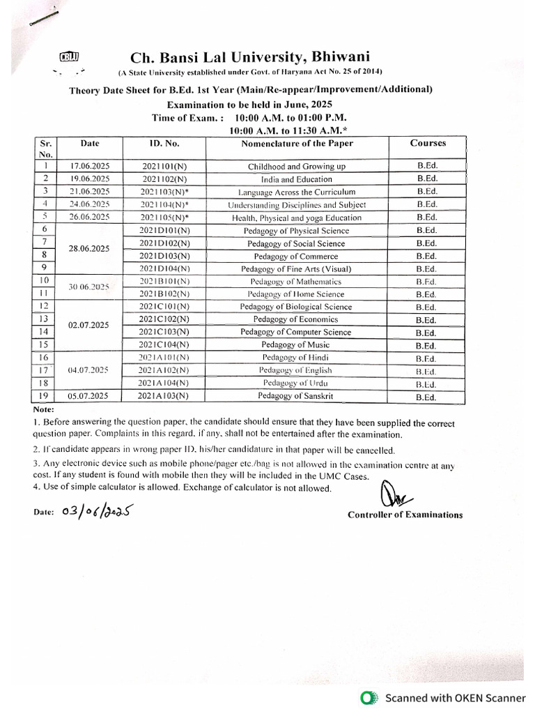 Final Exam Date Sheet June 2025 | PDF
