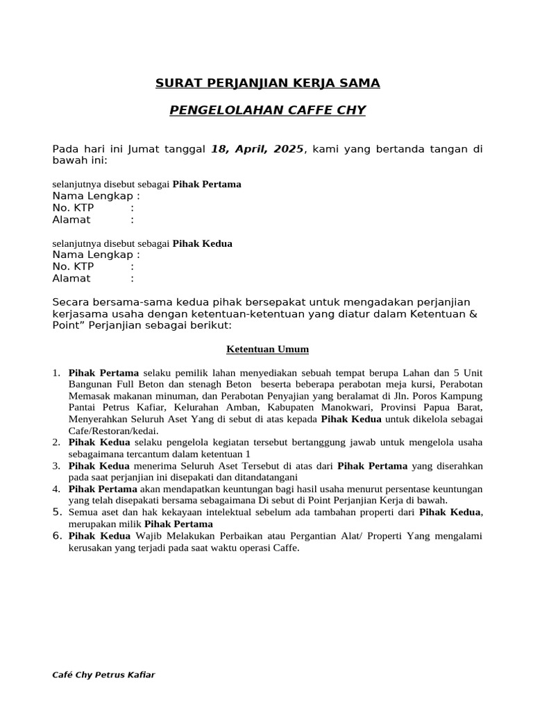 Surat Perjanjian Kerja Sama Cafe Chy 2025 | PDF