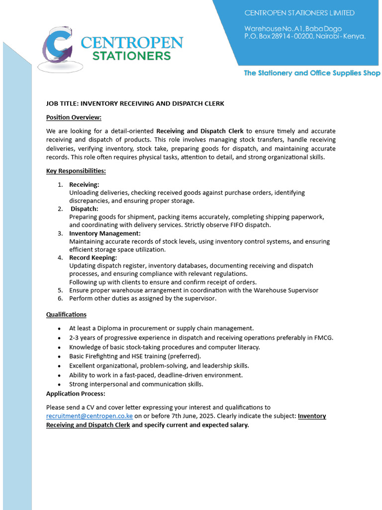 Inventory Receiving and Dispatch Clerk JOB ADVERT | PDF