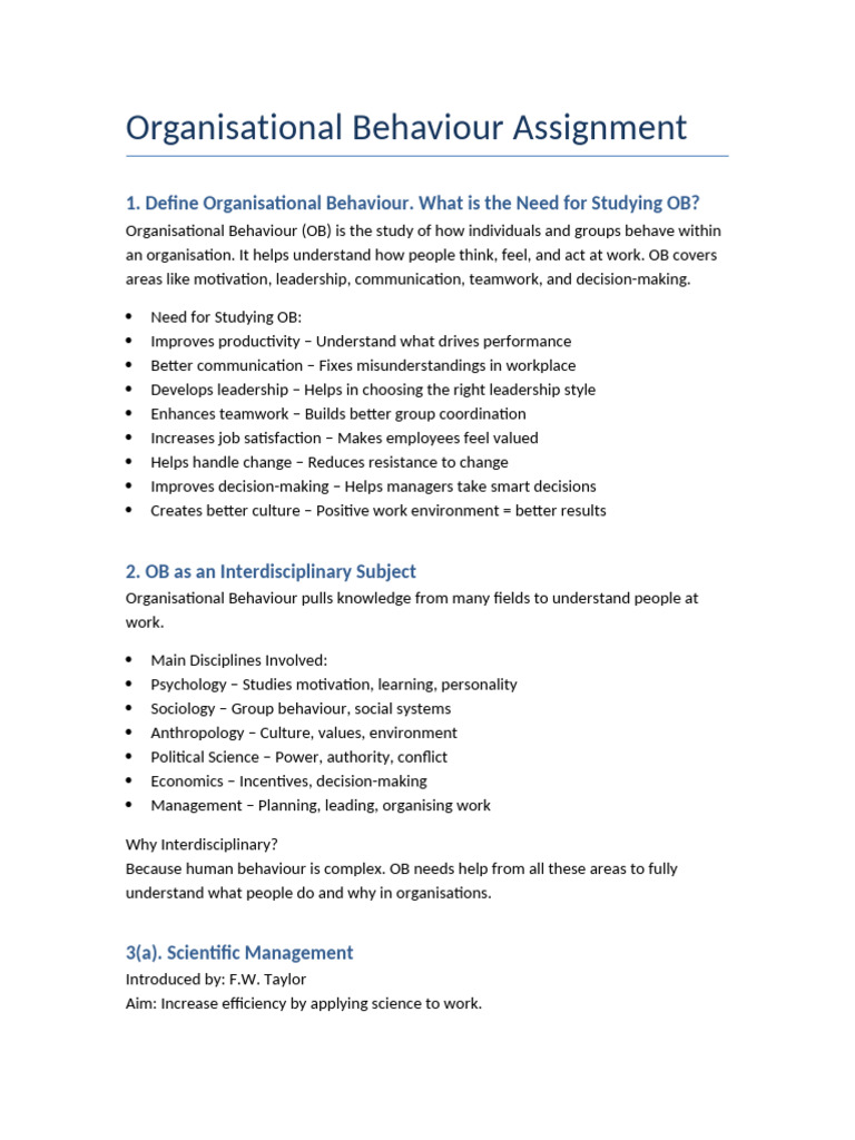 Organisational Behaviour Assignment | PDF | Organizational Behavior | Behavioural Sciences