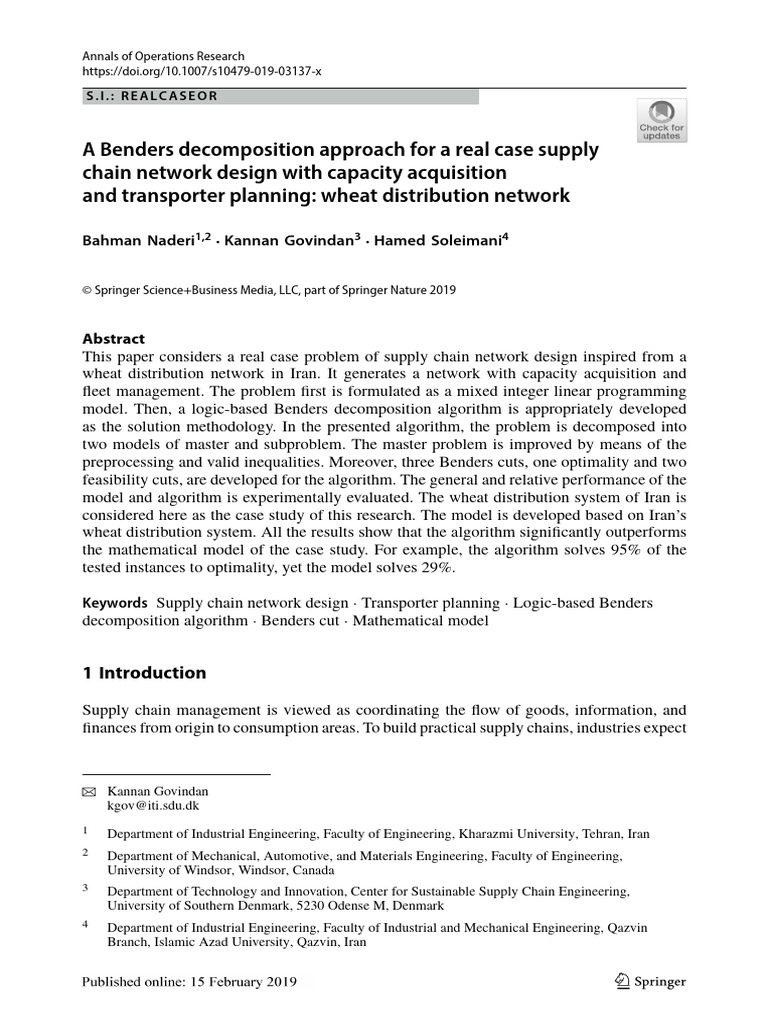 A Benders Decomposition Approach For A Real Case Supply Chain Network ...