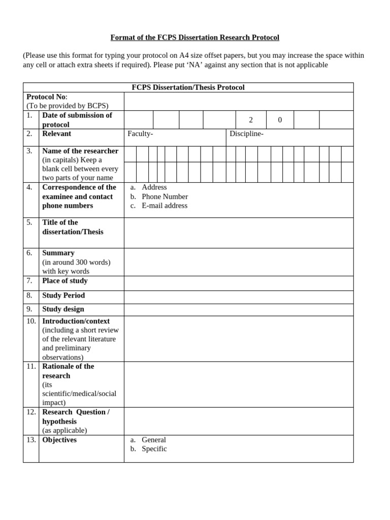 Format of The FCPS Dissertation Research Protocol | PDF | Thesis | Methodology