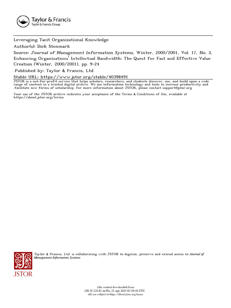 Leveraging Tacit Organizational Knowledge - Stenmark-LeveragingTacitOrganizational-2000 | PDF