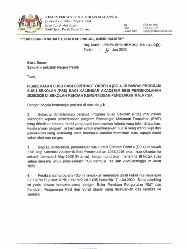 Pembekalan Susu Bagi Contract Oder 4 (CO 4) Di Bawah Program Susu ...