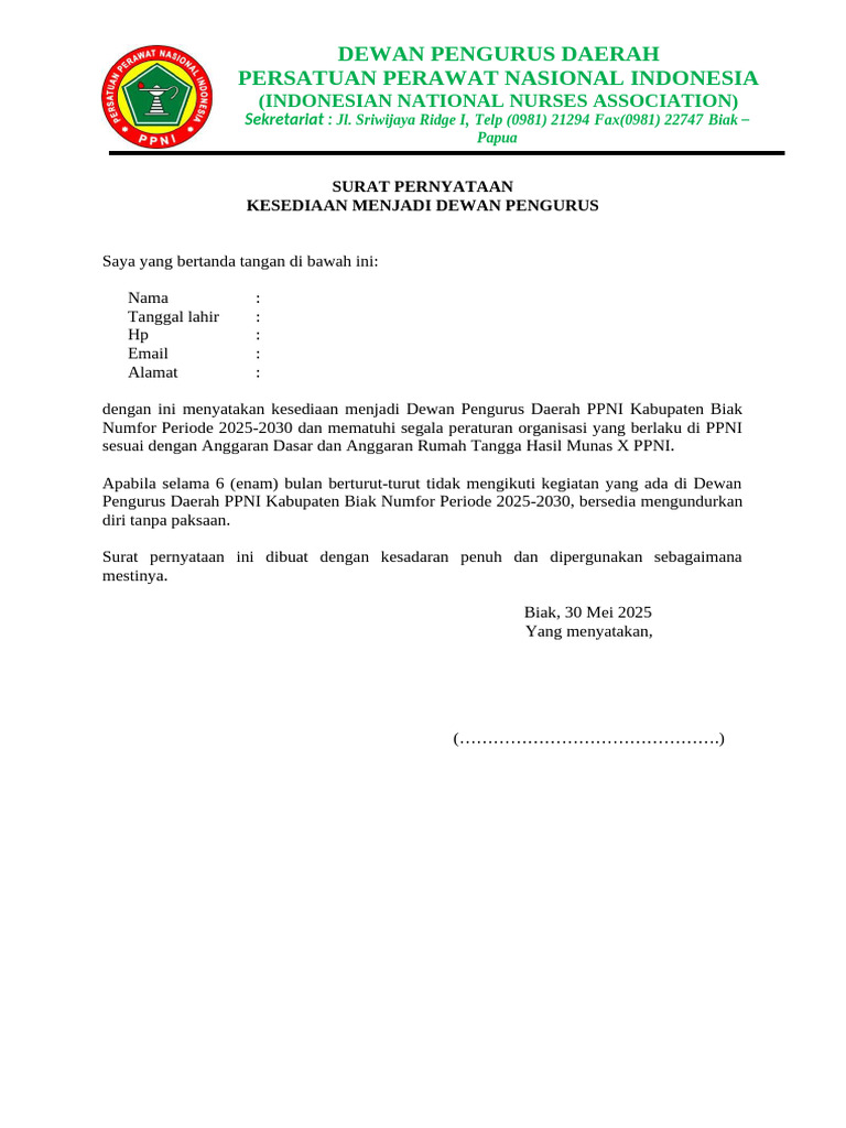 Surat Pernyataan Kesediaan Menjadi Dewan Pengurus | PDF