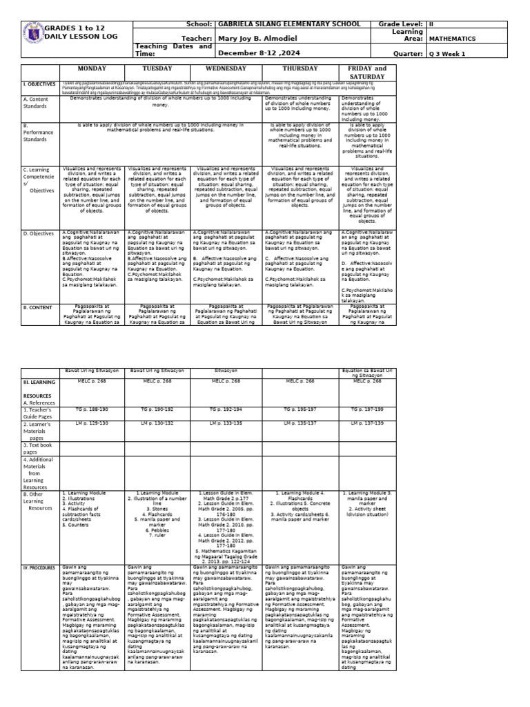 DLL Math 2 Q3 Week 1 Sy 2024 2025 | PDF | Division (Mathematics) | Elementary Mathematics
