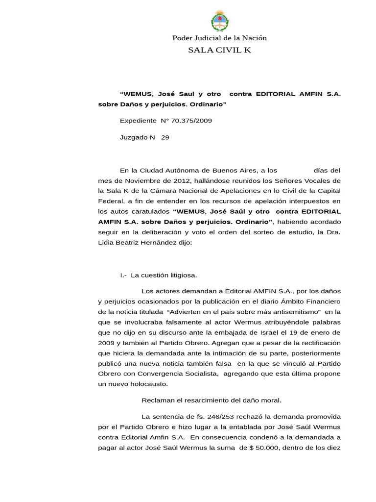 Daños y perjuicios en caso Wermus vs. AMFIN | PDF | Daños y perjuicios ...