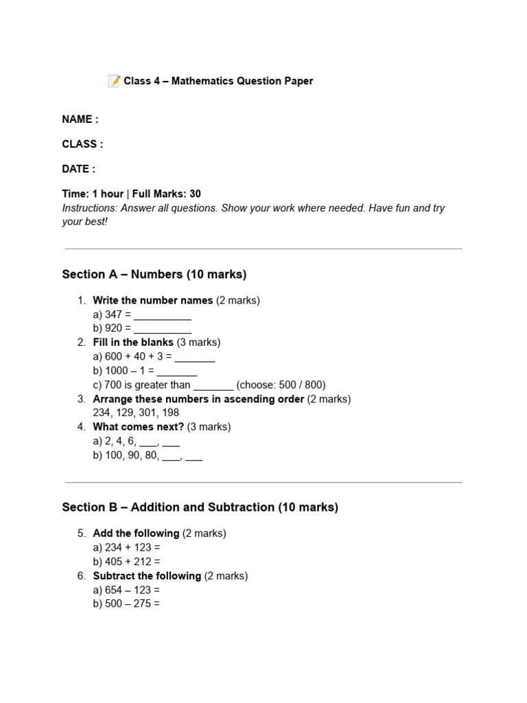 ? Class 4 - Mathematics Question Paper | PDF