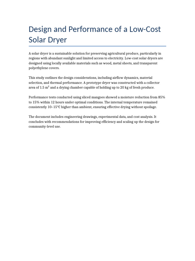 Design and Performance of A Low-Cost Solar Dryer | PDF