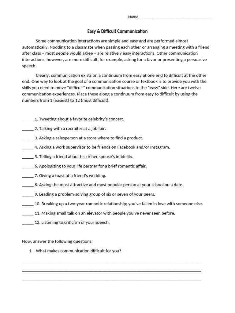 COM130 Easy Difficult Comm Worksheet | PDF | Communication | Social ...