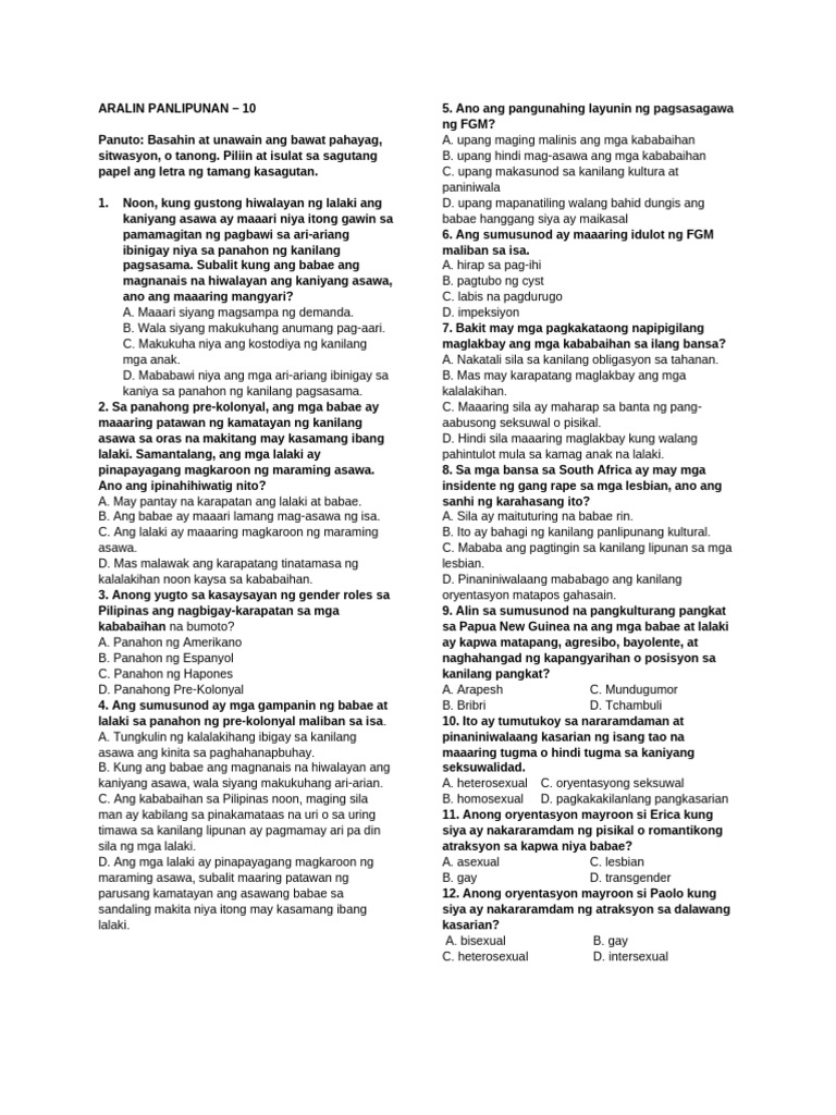 Aralin Panlipunan - Long Quiz | PDF