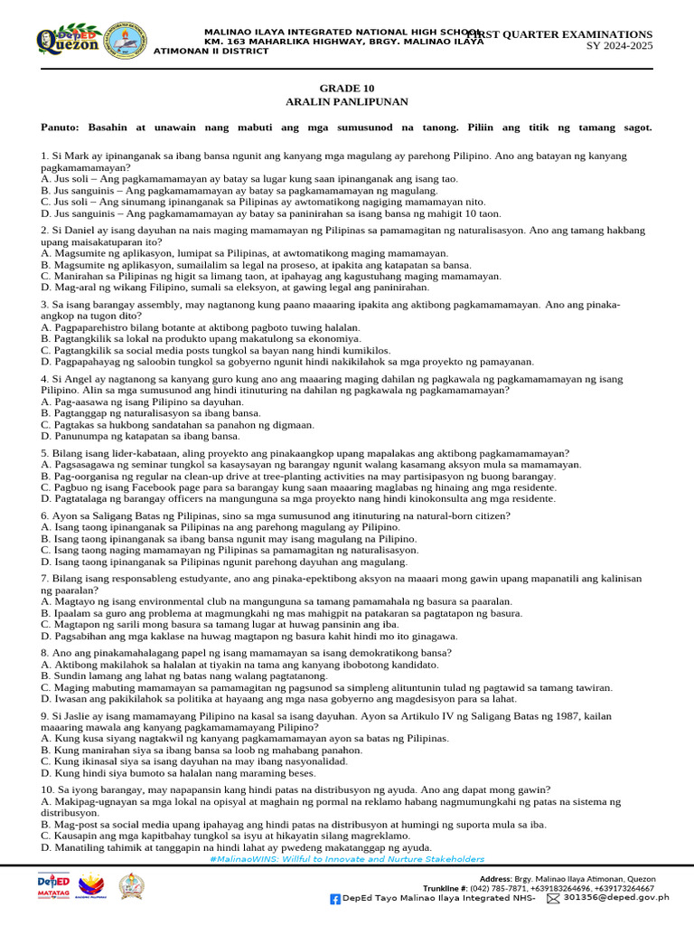 Grade 10 - Final Exam - Fourth Quarter | PDF