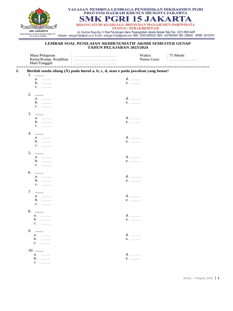 Template Soal PAS-SAS GENAP 2023-2024 | PDF