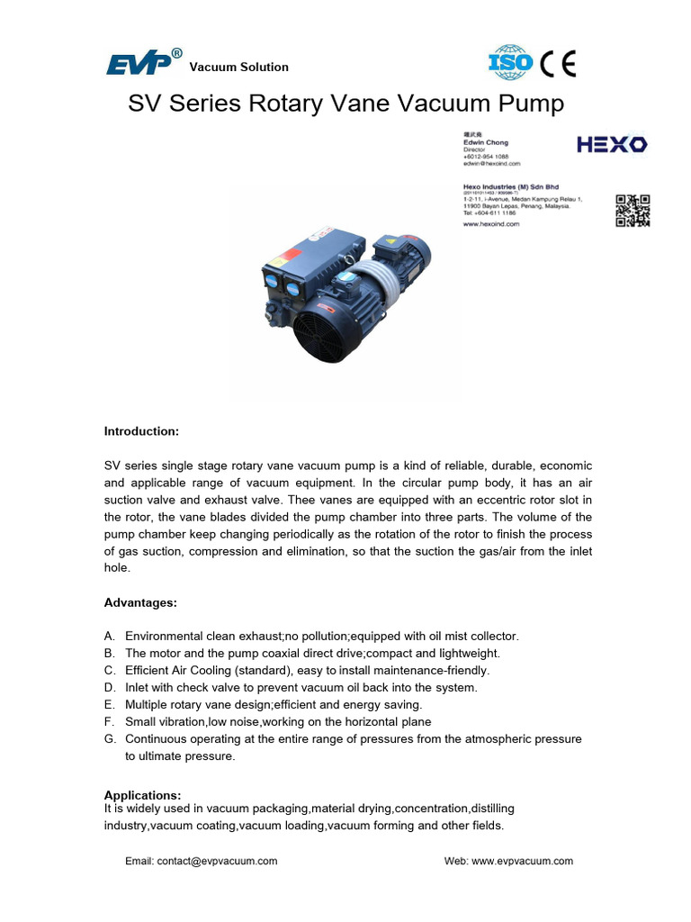 Hexo EVP SV Rotary Vane Vacuum Pump | PDF | Pump | Vacuum