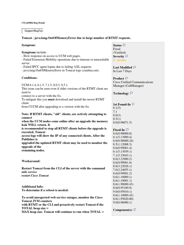 Csctj50884 Bug Details Tomcat Pdf Software Bug Java Programming