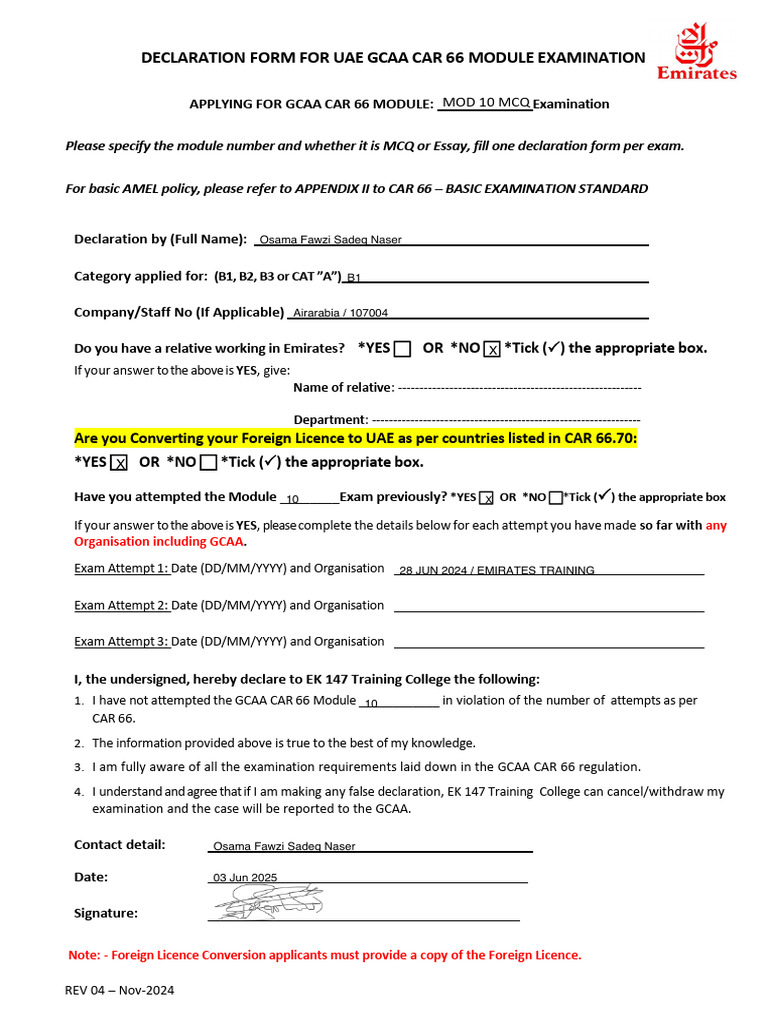 Car 66 Mod10 MCQ Exam Declaration Form - r4 - Nov-2024 | PDF