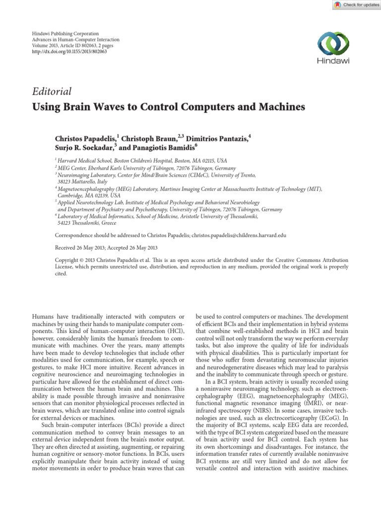 Advances in Human-Computer Interaction - 2013 - Papadelis - Using Brain Waves To Control ...