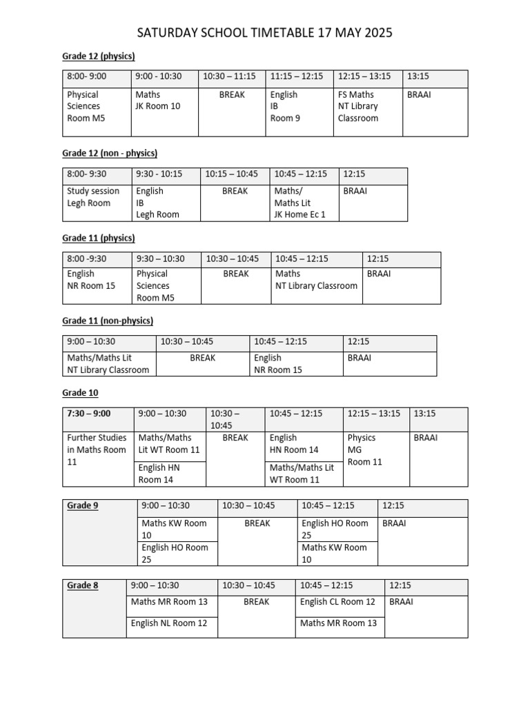 Saturday School Timetable 17.05.2025 | PDF