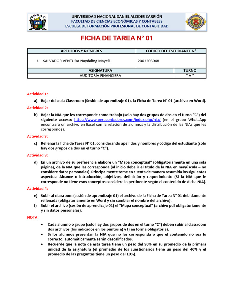 Ficha de Tarea N° 01- SALVADOR VENTURA Naydaling Mayeli | PDF | Aprendizaje