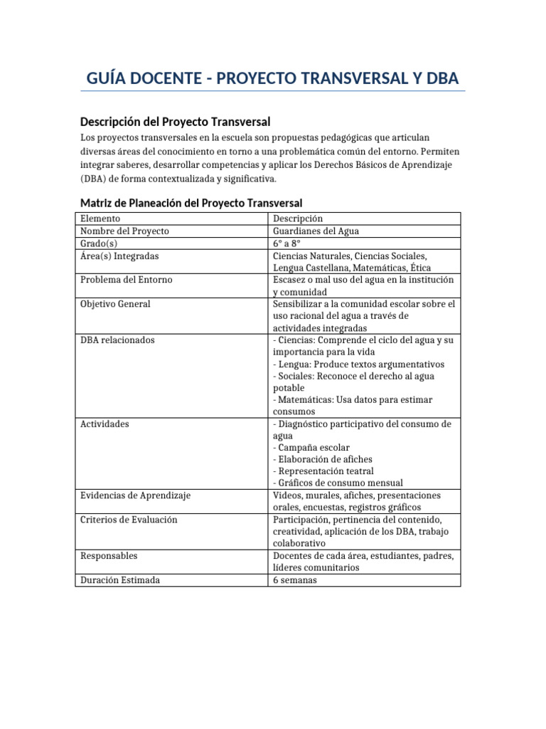 Proyecto Transversal: Guardianes del Agua | PDF | Agua | Aprendizaje
