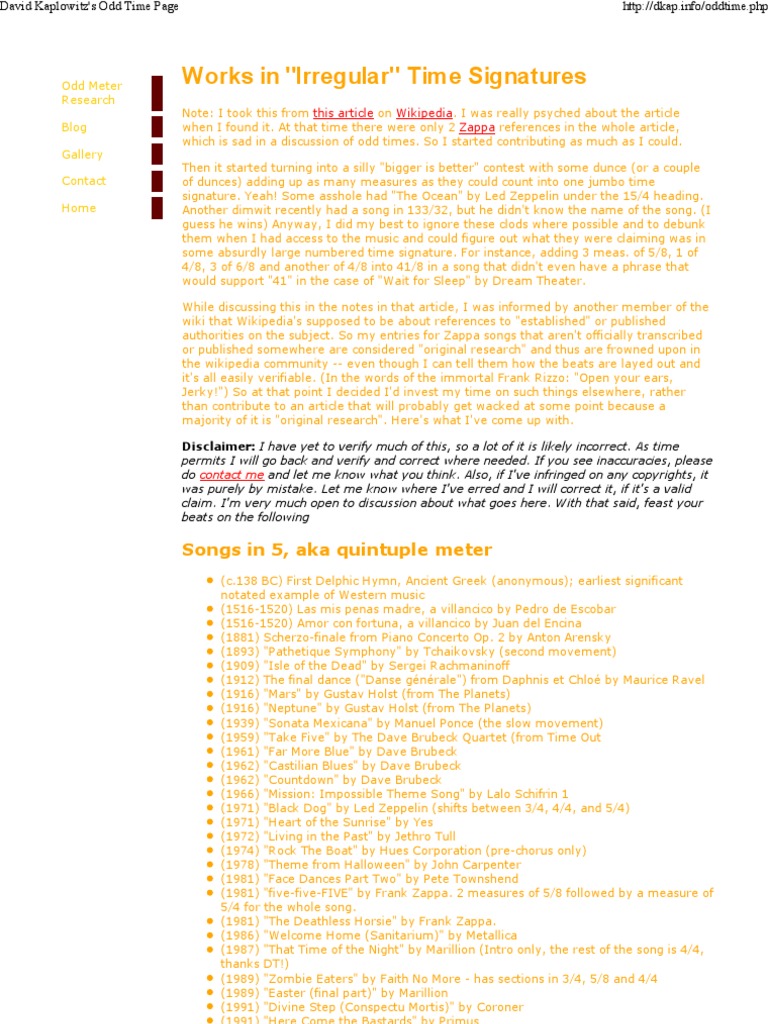 David Kaplowitz's Odd Time Page | PDF | Music Theory | Musical Compositions