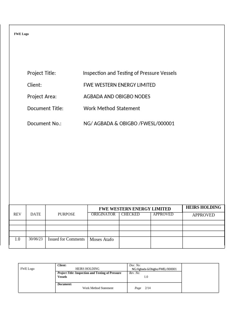 Pressure Vessel Inspection Method Statement | PDF | Ventilation ...