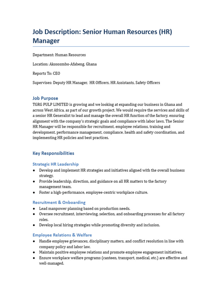 Senior HR Manager Job Description | PDF | Human Resources | Human ...