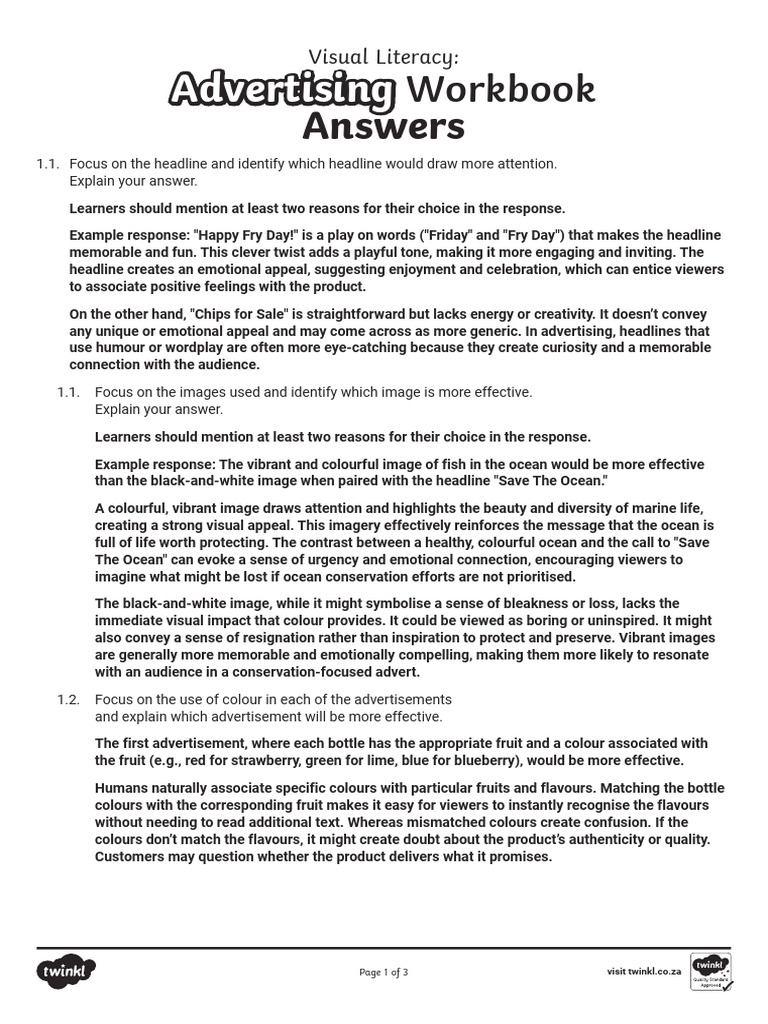 Visual Literacy Advertising Workbook Answers | PDF | Advertising | Image