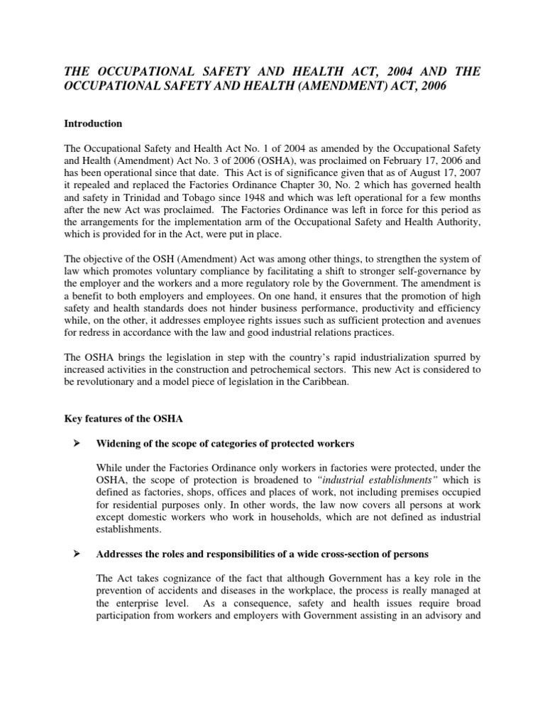 OSHA Act 2004 | Occupational Safety And Health | Occupational Safety ...
