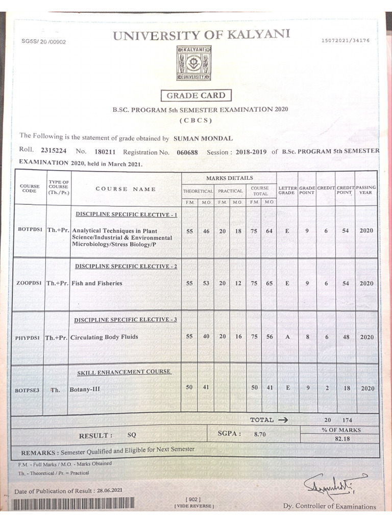 Graduation 5th Sem Marksheet - Suman Mondal | PDF