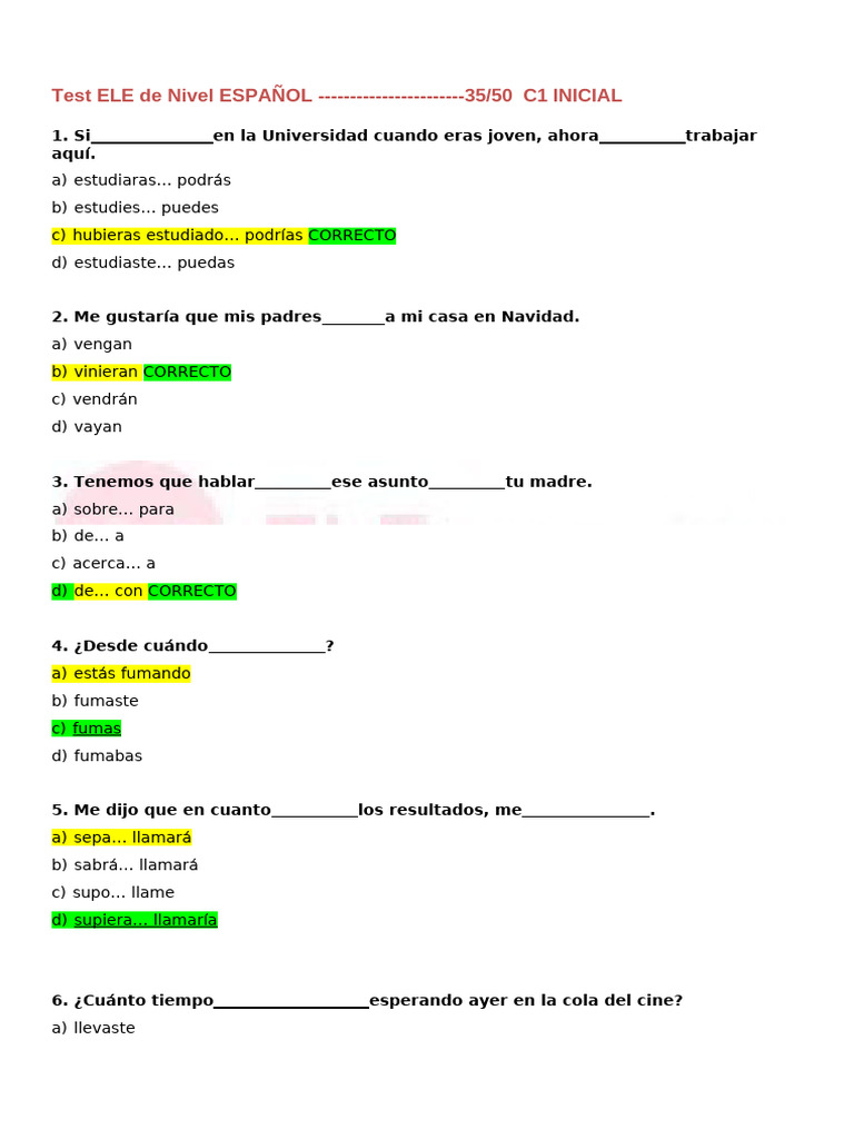 Test de ELE: Ejercicios de Gramática | PDF