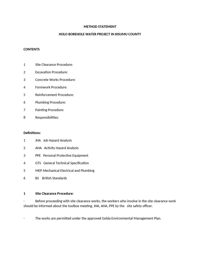 Method Statement Holo Water Project | PDF | Pipe (Fluid Conveyance ...
