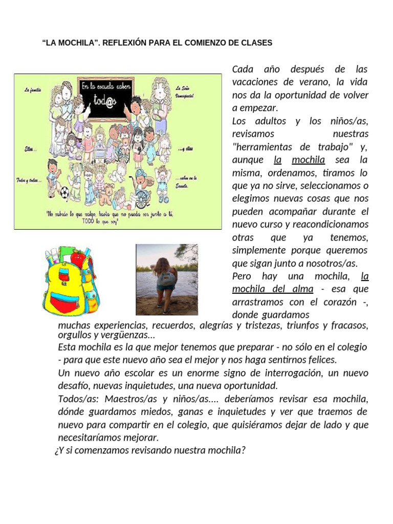 Lectura - La Mochila - Dia 11 | PDF