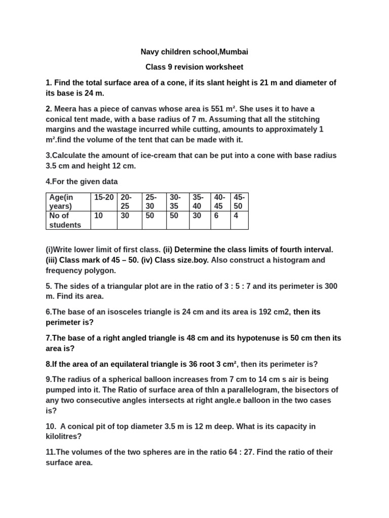 Class 9 Math Revision Worksheet Mumbai | PDF | Area | Triangle