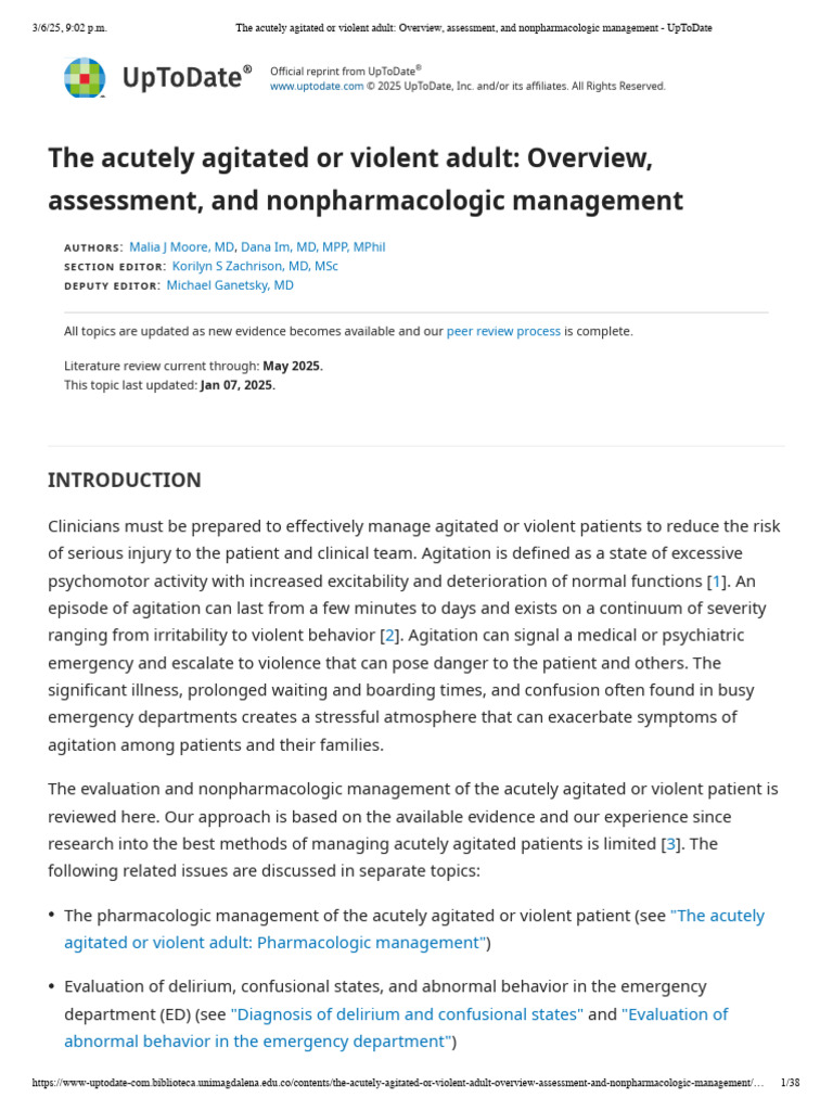The Acutely Agitated or Violent Adult - Overview, Assessment, and ...