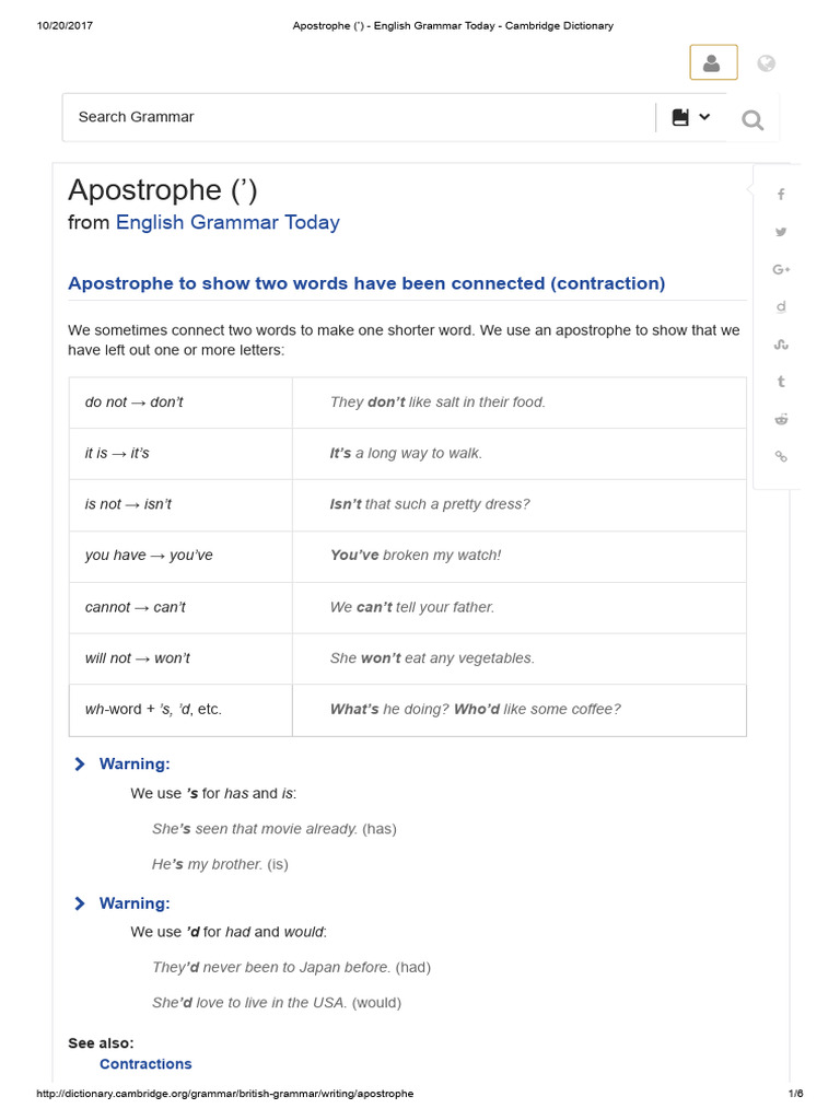 Apostrophe (') - English Grammar Today - Cambridge Dictionary | PDF | English Grammar | English ...