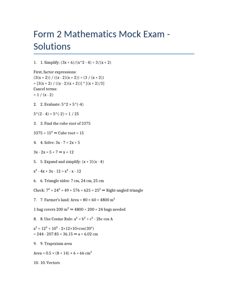 Form_2_Maths_Mock_Solutions | PDF