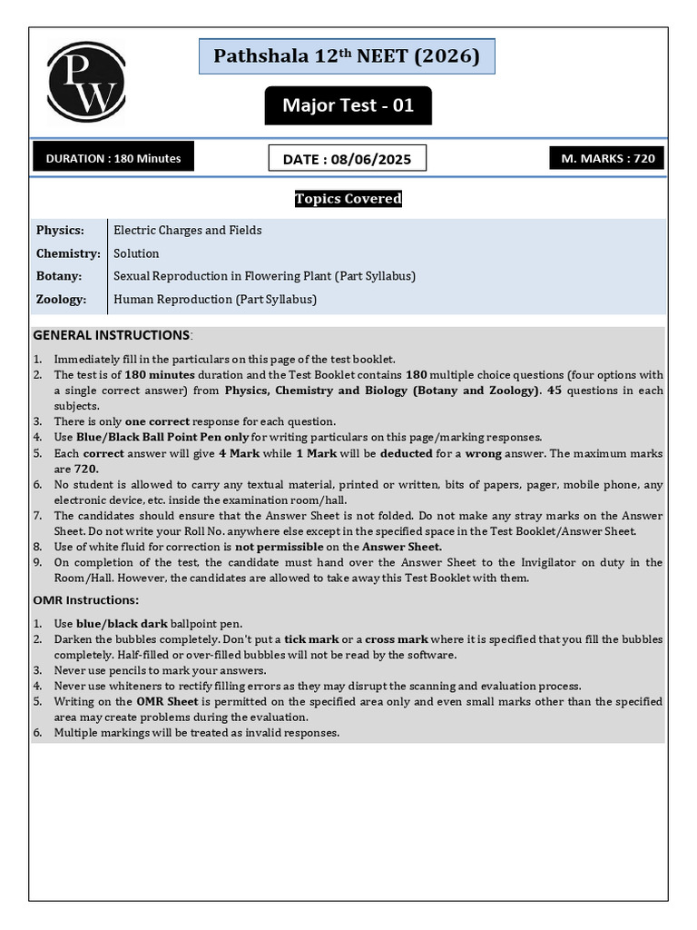 Pathshala MT-01 - 08-Jun-2025 - G7 - 12th - Ph-1 - NEET - Code - 346 - Answer Key & Solutions ...