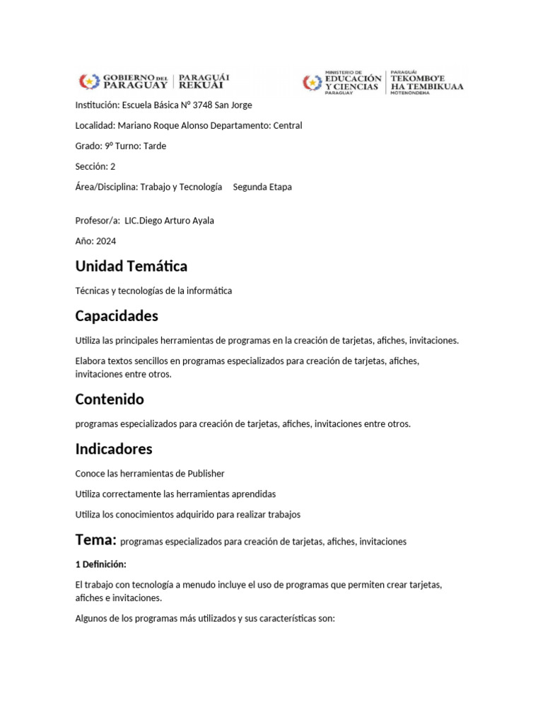 San Jorge 9no Grado Tema Trabajo y Tecnologia Programa de Creacion de Tarjetas Afiches ...