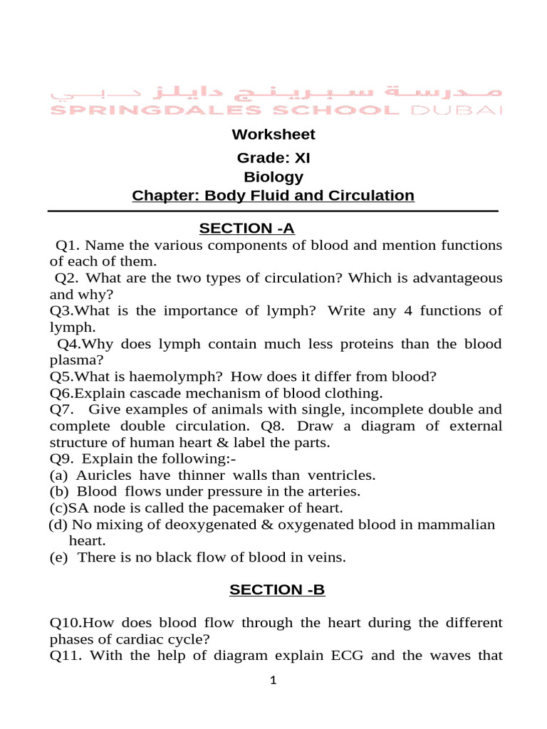 GR 11 Biology Worksheet Body Fluid and Circulation. | PDF