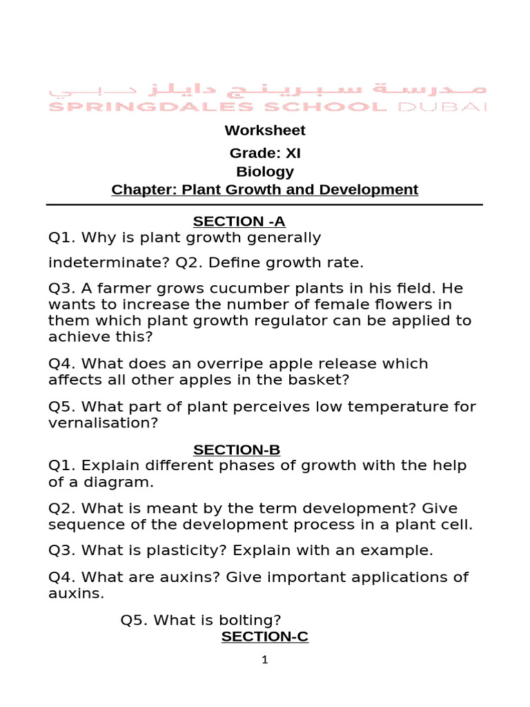 Gr. 11 Biology Worksheet - Plant Growth and Development | PDF