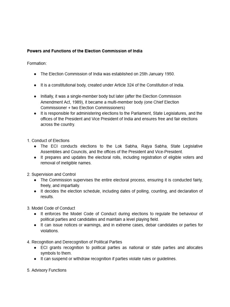 Powers and Functions of The ECI | PDF | Elections | Parliamentary Procedure