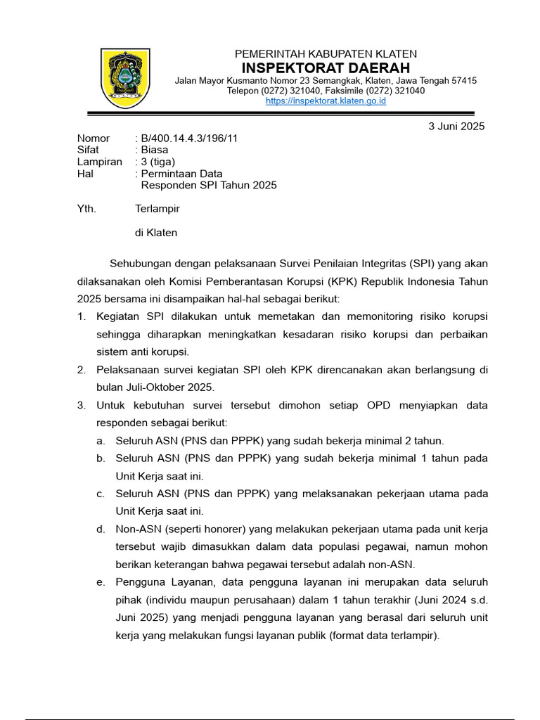 Surat Permintaan Data Responden SPI 2025 Fix | PDF