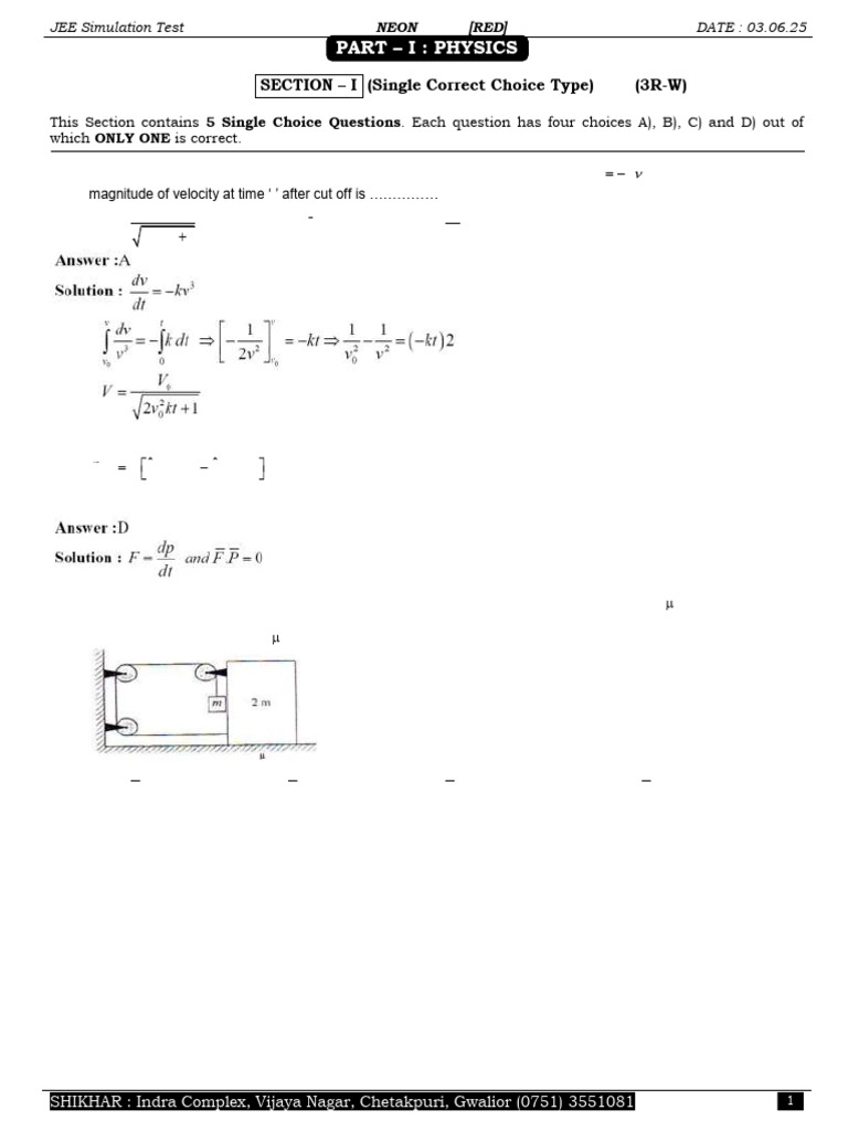 PCM Test Paper (RED) (With Answers) 03.06.25 | PDF | Force | Acceleration