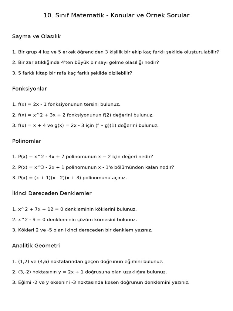 10 Sinif Matematik Konular Ve Ornek Sorular | PDF