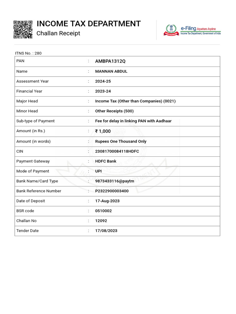 Ashu Uncle PAN-AADHAR 23081700084118HDFC ChallanReceipt | PDF | Taxes | Payments