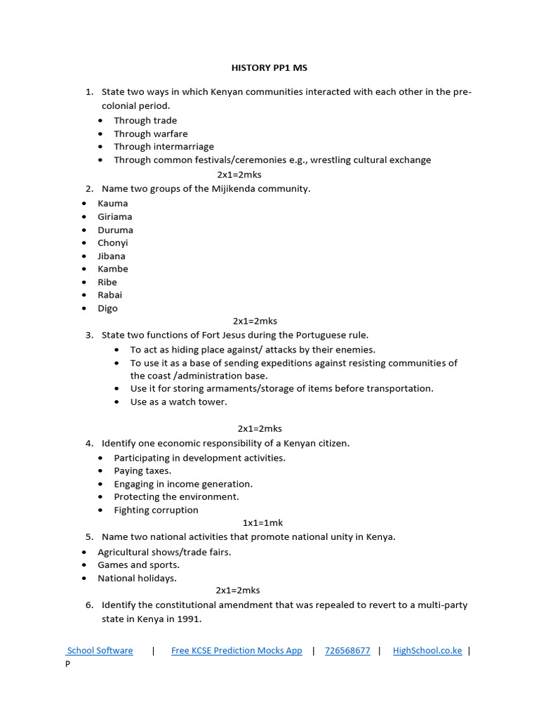 History Paper 1 Marking Scheme | PDF | Elections | Kenya